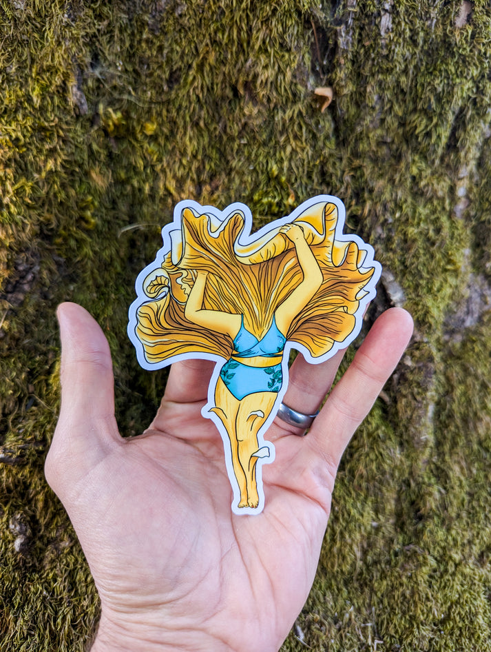 Chanterelle Mushroom Pinup Girl Sticker | Curvy FunGal – Mushroom Marauder